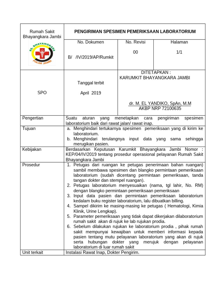 Prosedur Pengiriman Spesimen Lab RS Bhayangkara | PDF