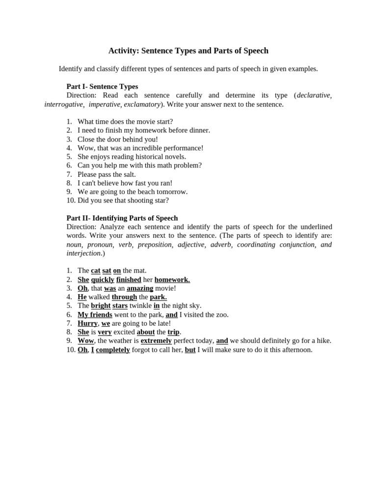 Sentence Types and Parts of Speech | PDF