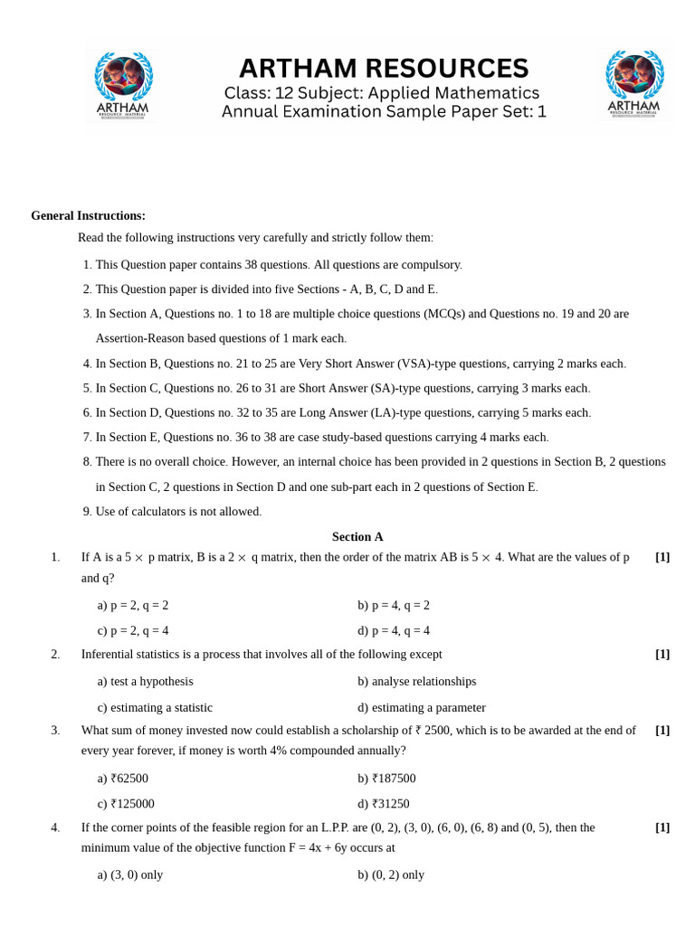Set of 5 SQP Class 12 Applied Maths, 2024-25 Exam (1-38) | PDF | Interest | Mathematics