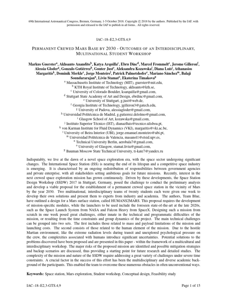 Permanent Crewed Mars Base by 2030 Outco | PDF | Mars | Lander (Spacecraft)