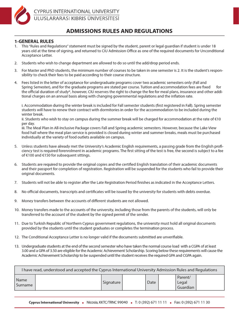 Cyprus International University Admission Rules | PDF | Fee | Dormitory