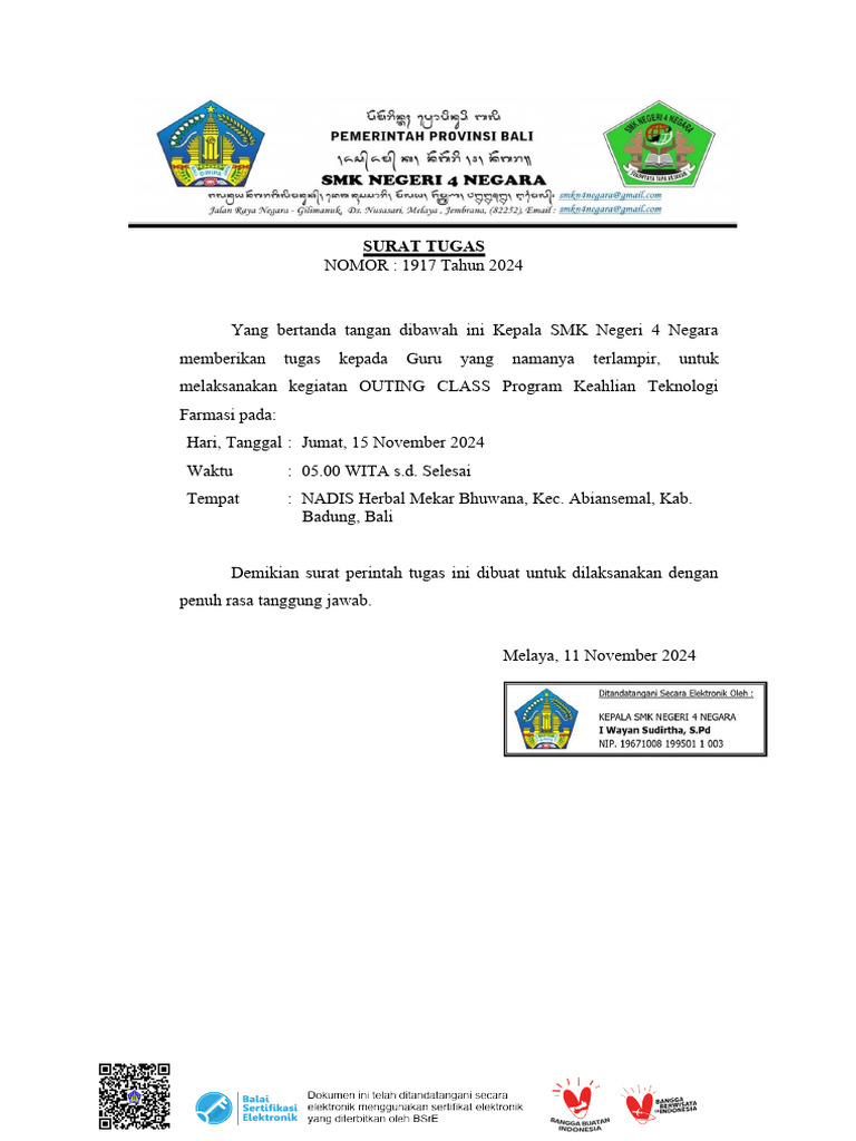 Surat Tugas Outing Class | PDF