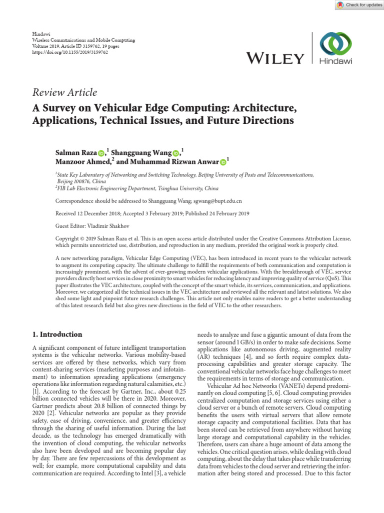 Wireless Communications and Mobile Computing - 2019 - Raza - A Survey on Vehicular Edge ...