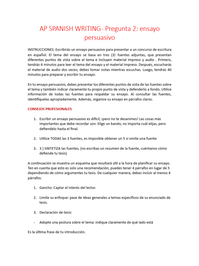 AP SPANISH WRITING - Pregunta 2 - Ensayo Persuasivo | PDF | Ensayos ...