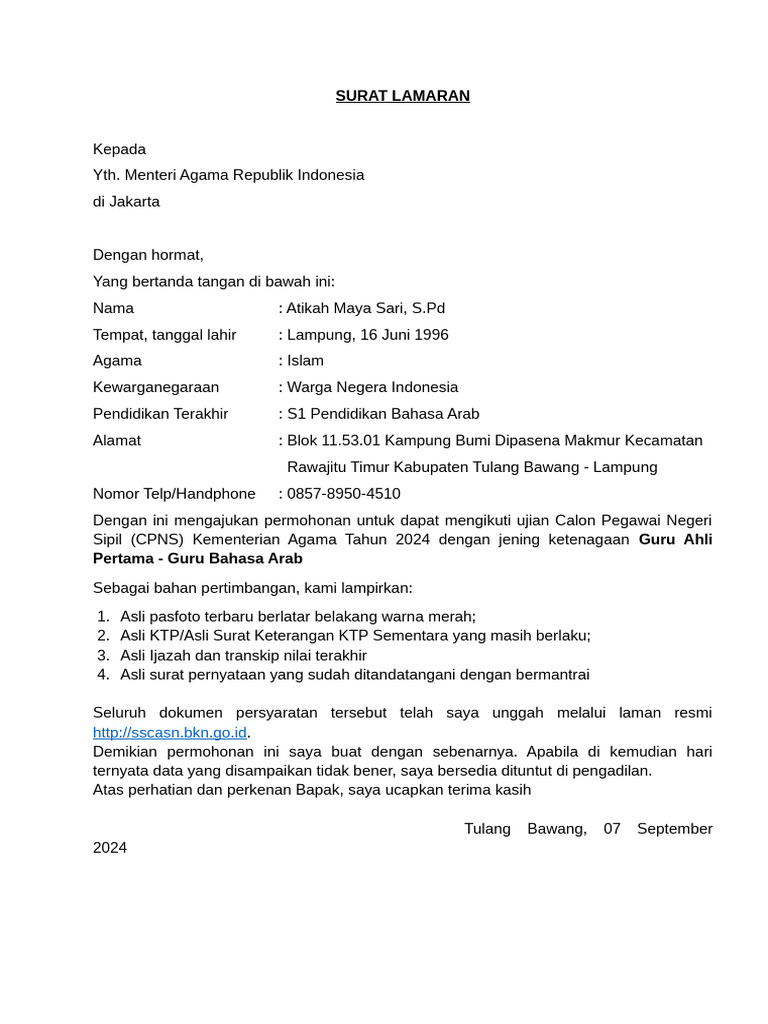 SURAT LAMARAN CPNS Atika | PDF