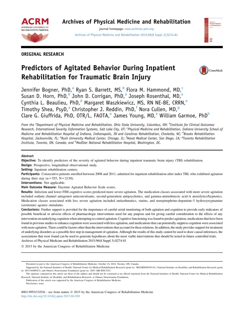 Predictors of Agitation in TBI at IPR (2015) | PDF | Traumatic Brain ...