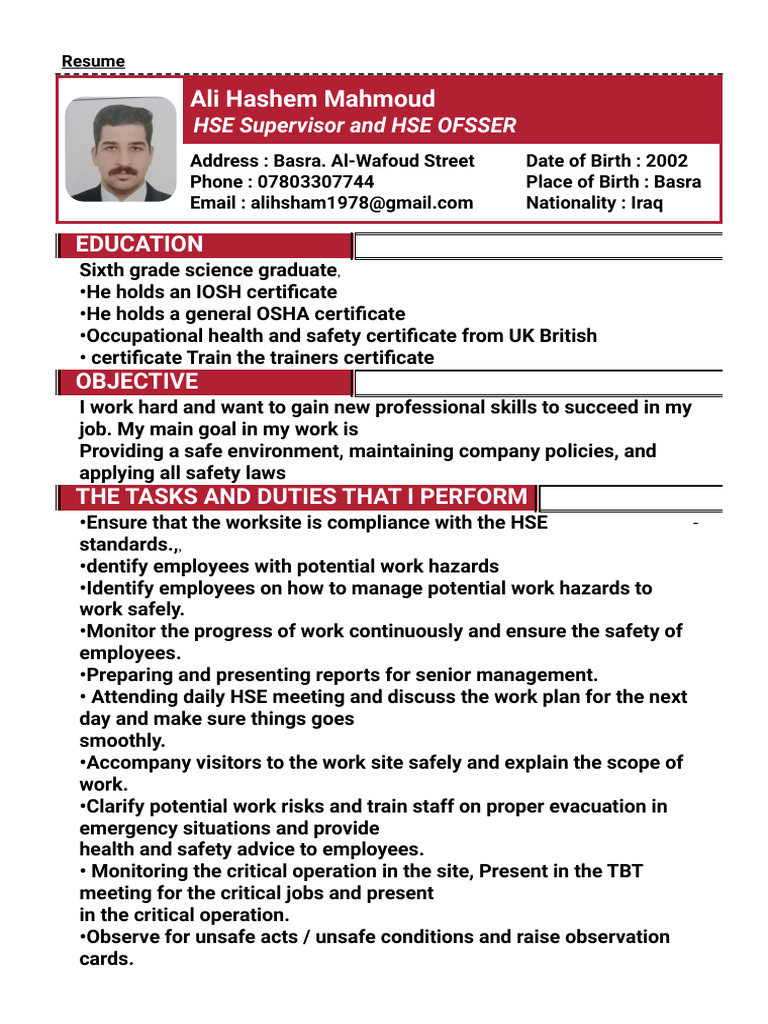 HSE Supervisor Resume - Ali Mahmoud | PDF