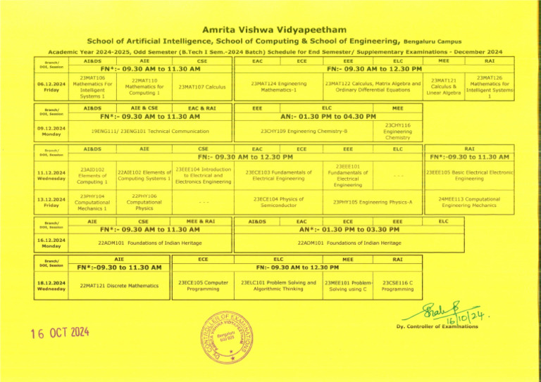 B.tech I Sem End Semester Exam Schedule | PDF