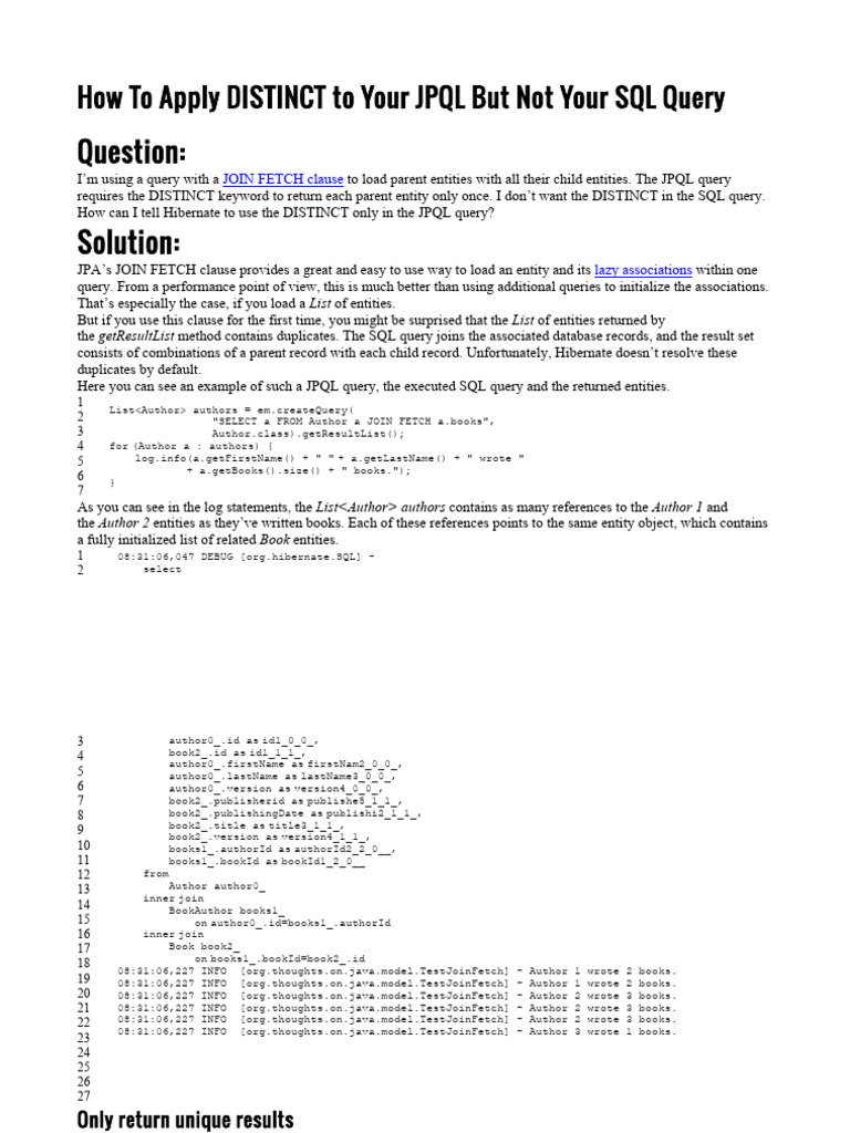 How+To+Apply+DISTINCT+to+Your+JPQL+But+Not+Your+SQL+Query | PDF | Java Enterprise Platform ...