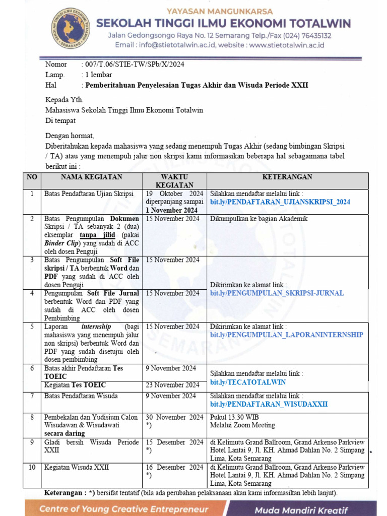 Surat Edaran Kegiatan Ujian Skripsi Semester Genap Ta. 2023-2024 - Kelas TM, TW, TWB - F | PDF