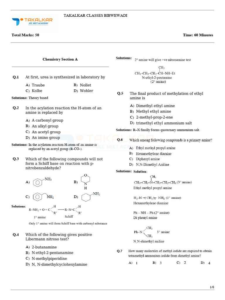 Chemistry Exam Paper: Amine Reactions | PDF | Amine | Alkane