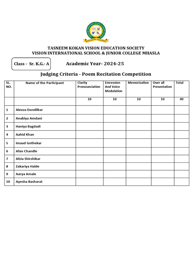 Poem Recitation Competition Criteria 2024-25 | PDF