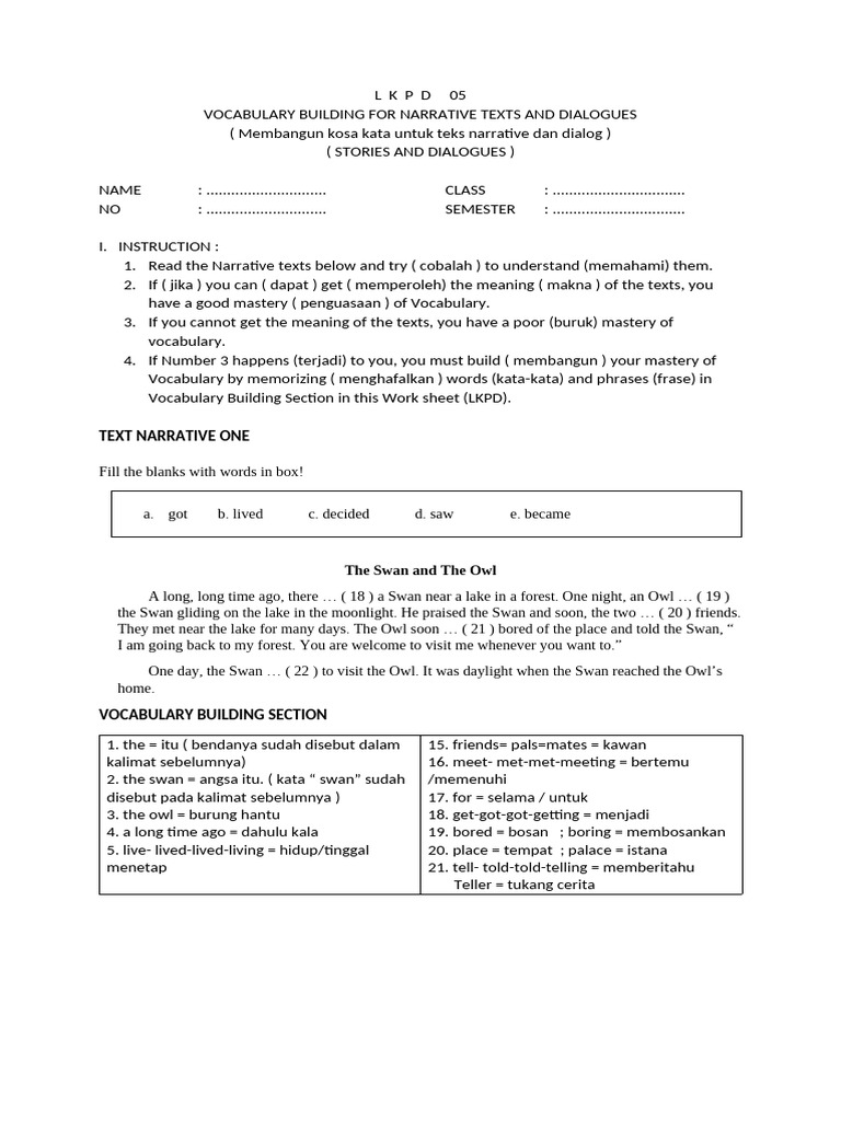 LKPD 05 Vocabulary Building For Understanding Narrative Texts | PDF