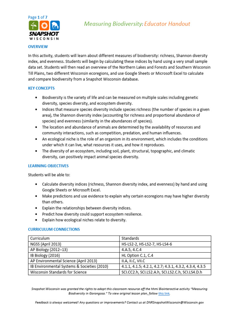 lessons_MeasuringBiodiversityEducatorHandout | PDF | Biodiversity ...
