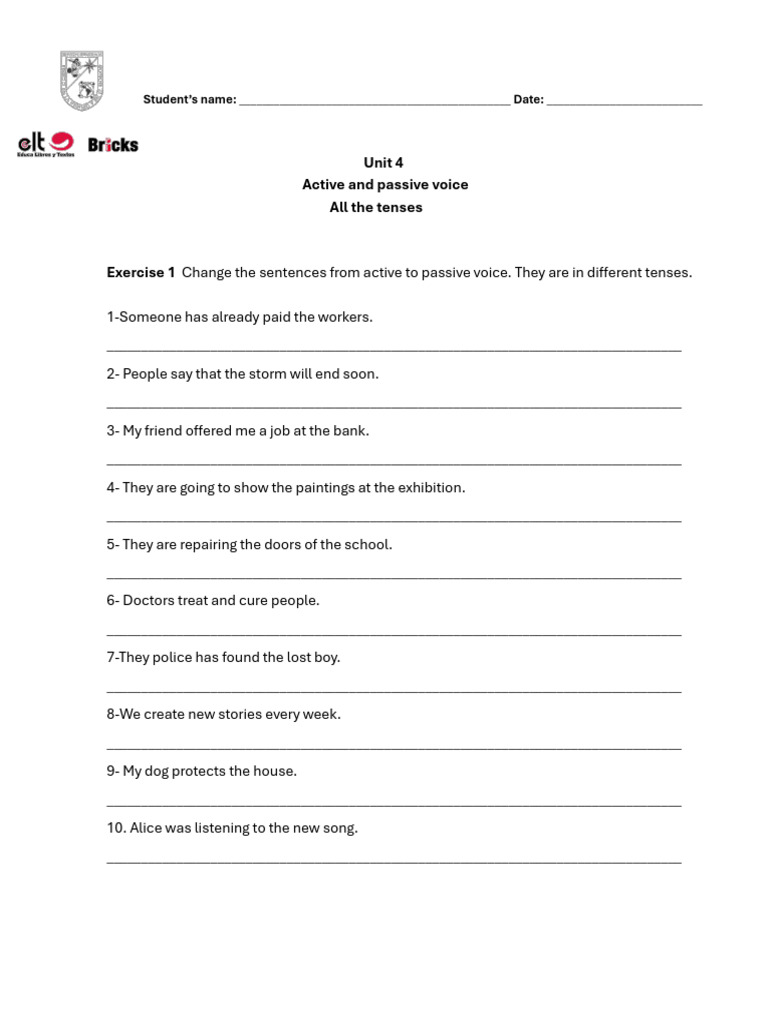 04 - Unit 4 - Active and Passive Voice - Worksheet 4 - All The Tenses | PDF