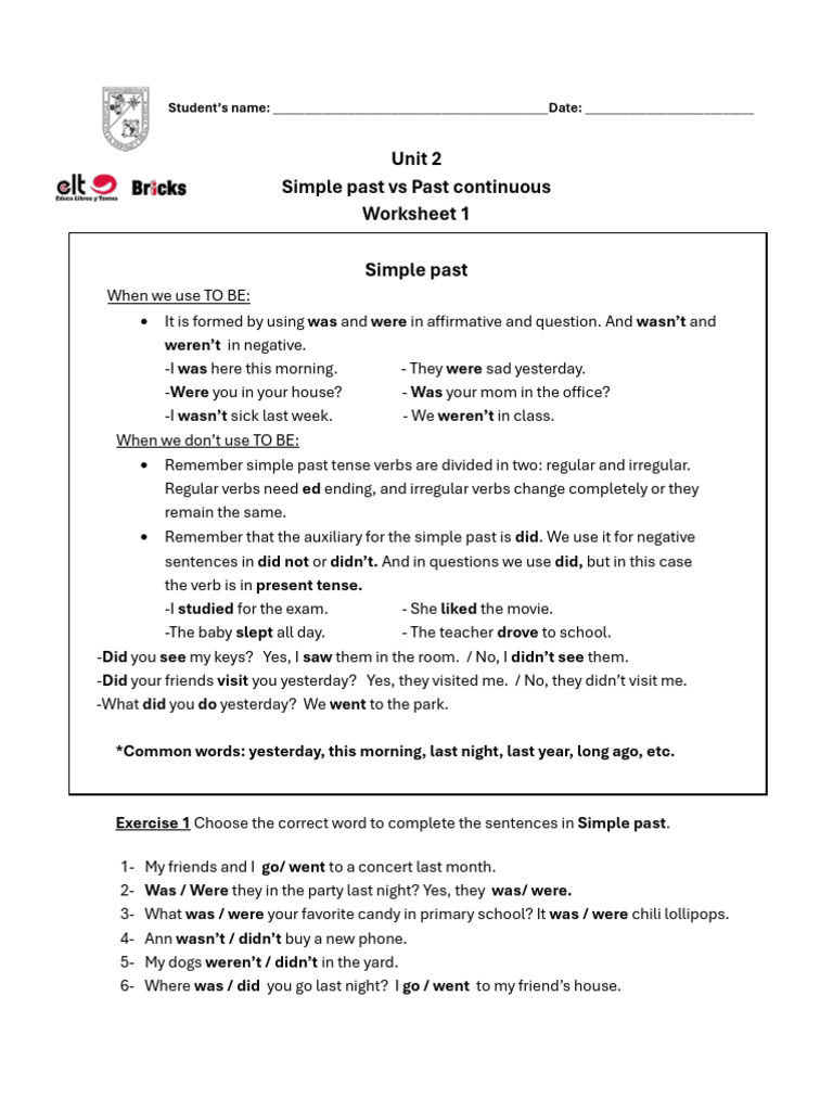 01 - Unit2 - Simple Past Vs Past Continuous - Worksheet 1 | PDF ...