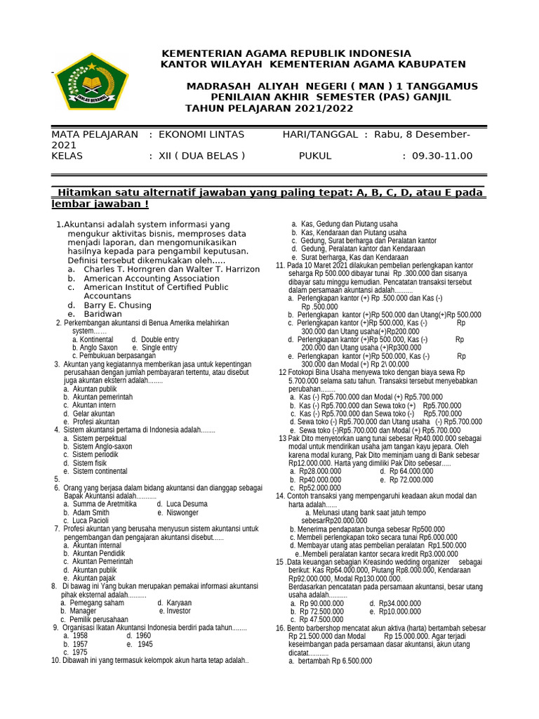 SOAL PAS Ganji Eko XII Mia 2020 | PDF