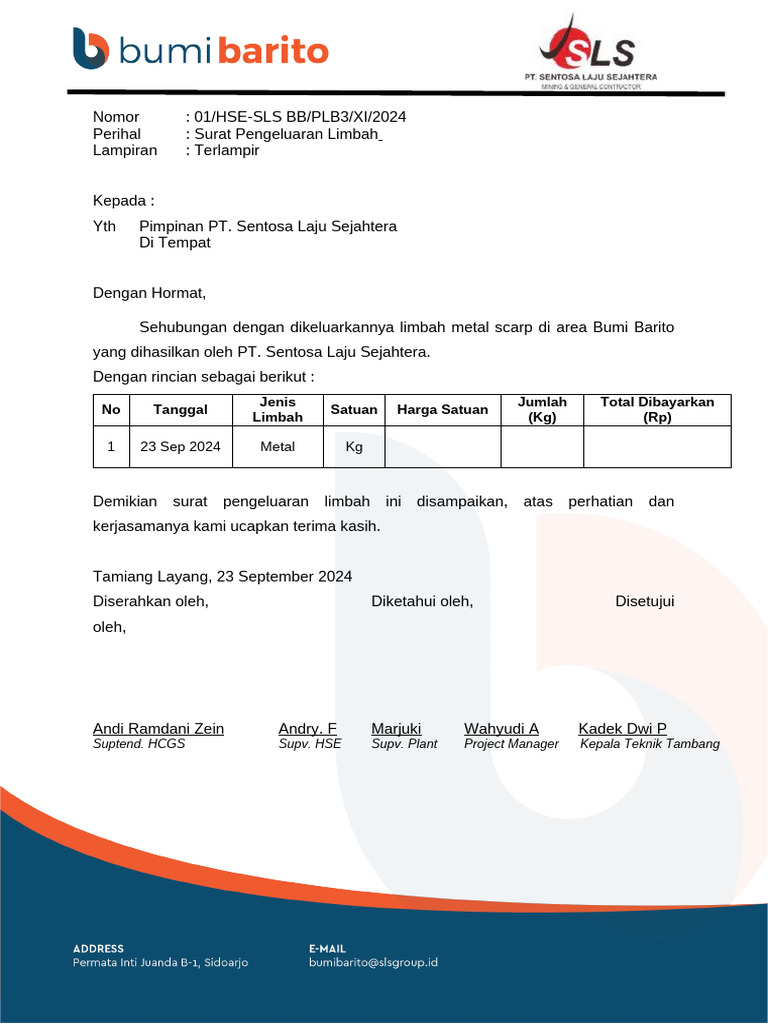 Surat Pengeluaran Limbah Metal Scrap | PDF