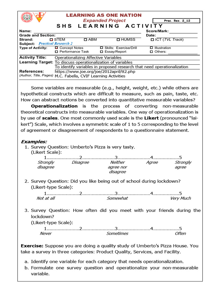 Prac Res 2 LAS 12 Operationalizing Affective Variables | PDF | Likert Scale | Cognition
