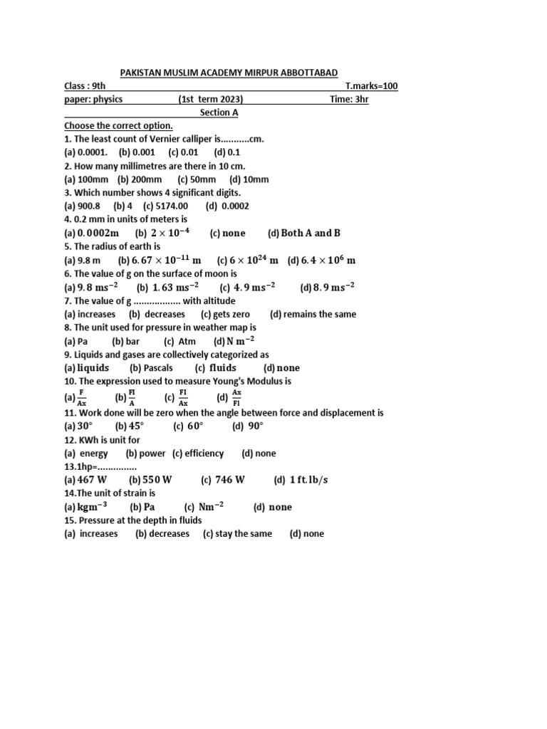 9th Phy 1st Term 2023 | PDF | Force | Elasticity (Physics)