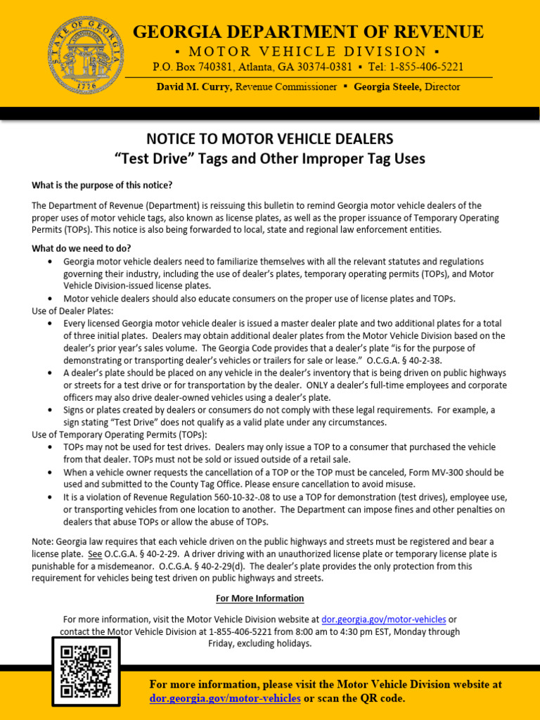 Notice Motor Vehicle Dealers - Test Drive Tags and Other Improper Tag ...