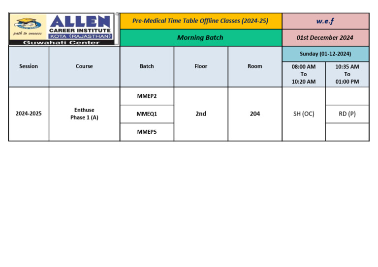 Pre- Medical-Time Table (01-12-2024) | PDF