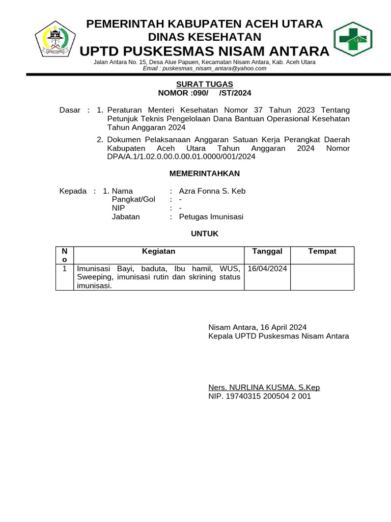 Surat Tugas Uptd Puskesmas Nisam Antara 2024 | PDF