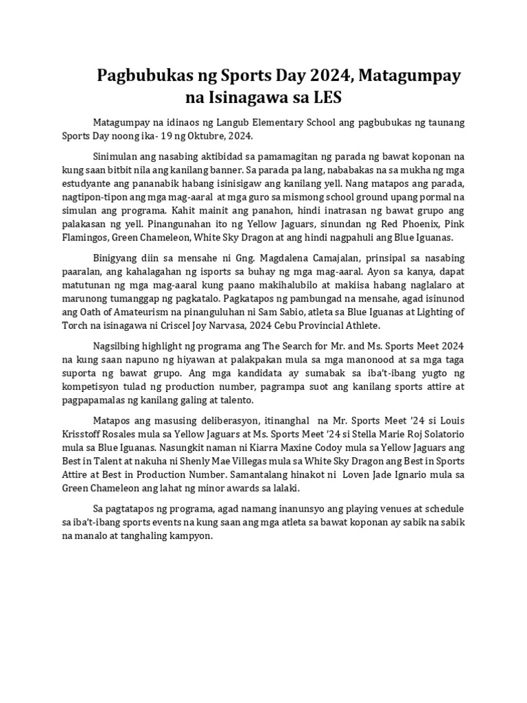 Pagbubukas ng Sports Day 2024 | PDF