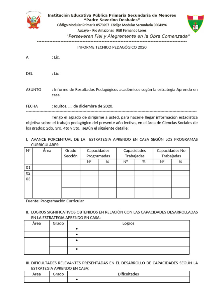 Informe Tecnico Pedagógico Anual | PDF | Maestros | Pedagogía
