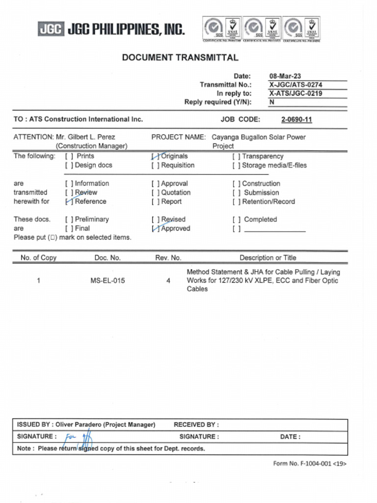 Method Statement & JHA For Cable Pulling Laying Works For 127230 KV ...