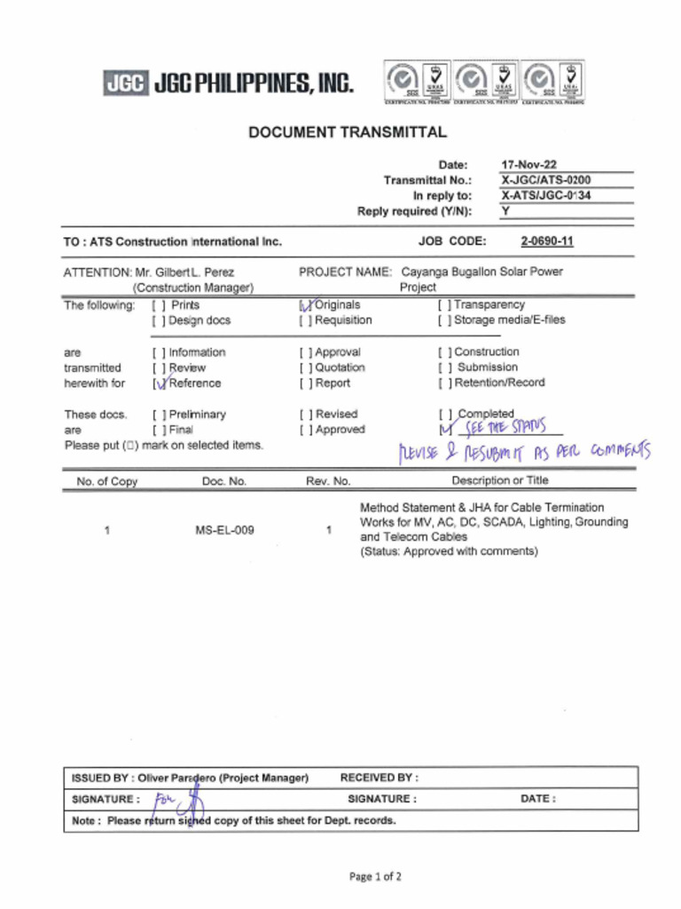 Method Statement & JHA For Cable Termination Works For MV, AC, DC, SCADA, Lighting, Grounding ...