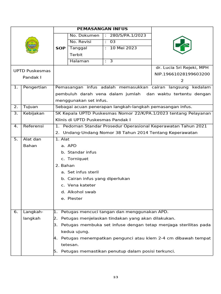 280 - Sop Pemasangan Infus | PDF