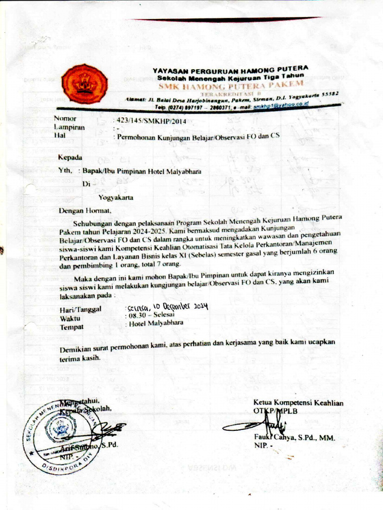 316 Memo Observasi FO Dari SMK Hamong Putera Pakem Desember 2024 | PDF