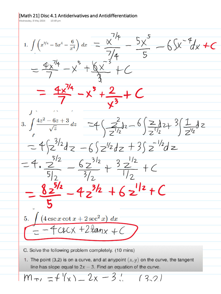 (Math 21) Disc 4.1 Antiderivatives and Antidifferentiation | PDF