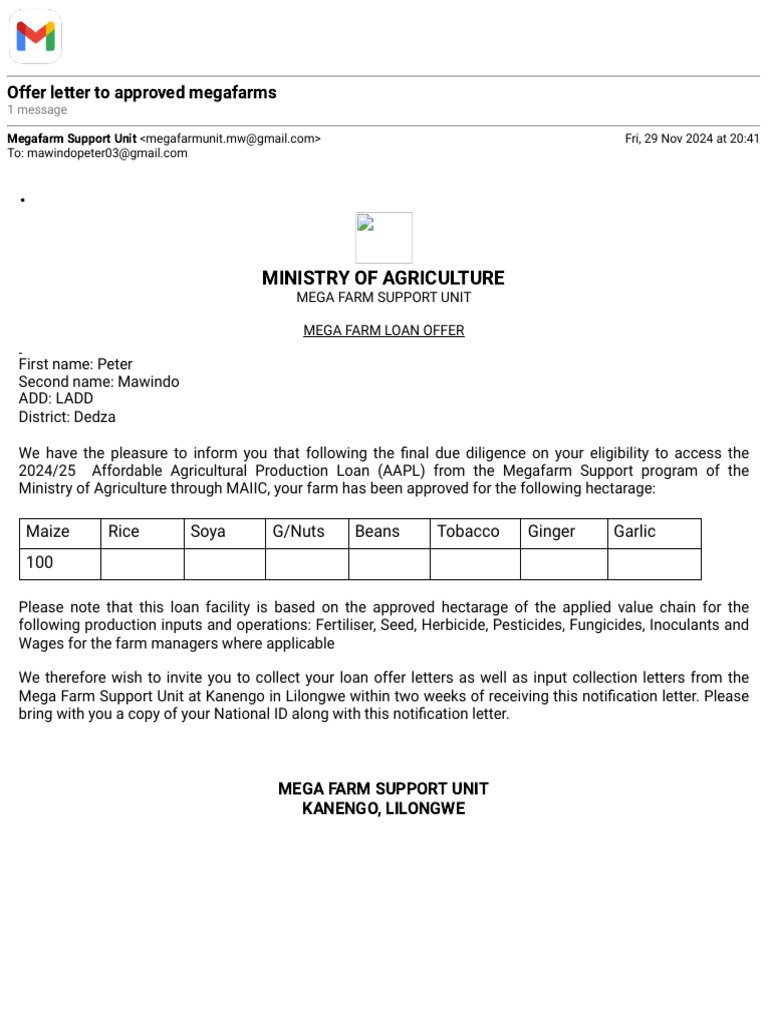 Gmail - Offer Letter To Approved Megafarms11 | PDF