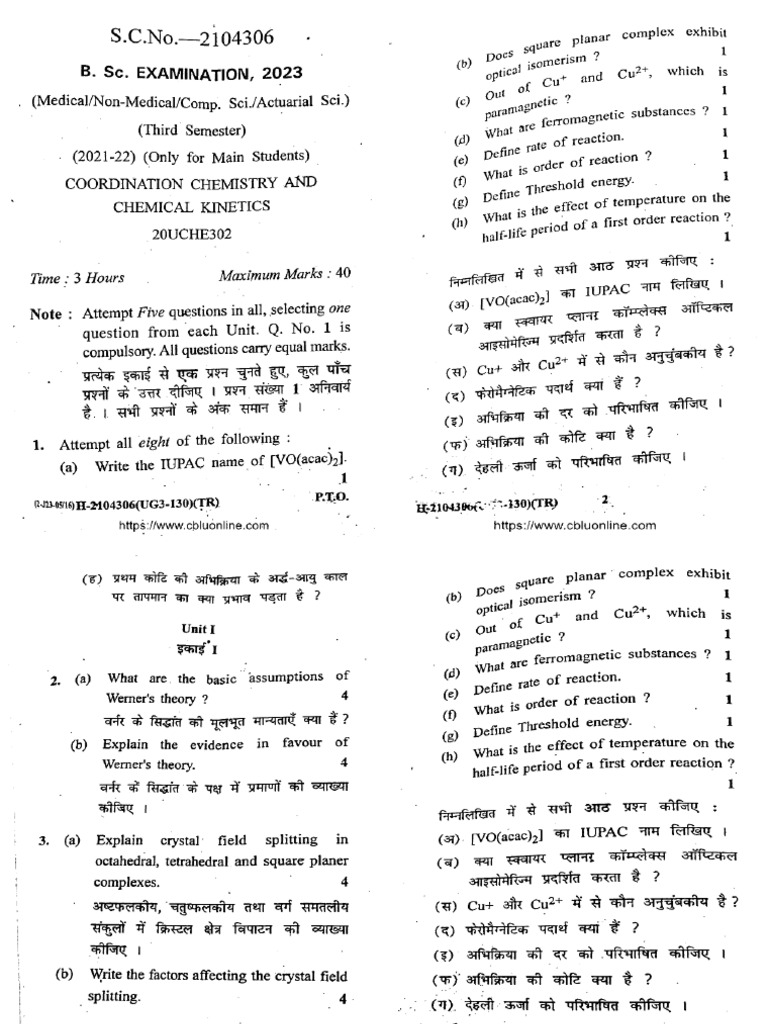 BSC 3 Sem Coordination Chemistry and Chemical Kinetics 2104306 2023 | PDF
