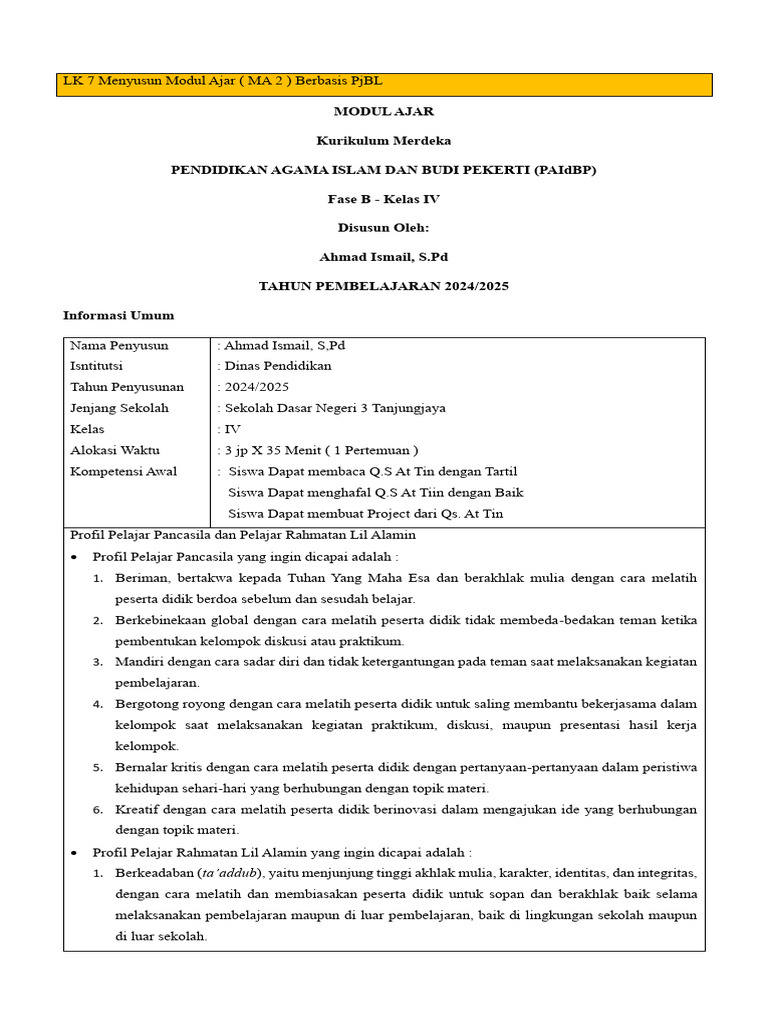 LK 7 Menyusun Modul Ajar PJBL | PDF