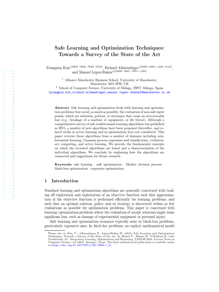 Survey on Safe Learning Techniques | PDF | Mathematical Optimization | Algorithms