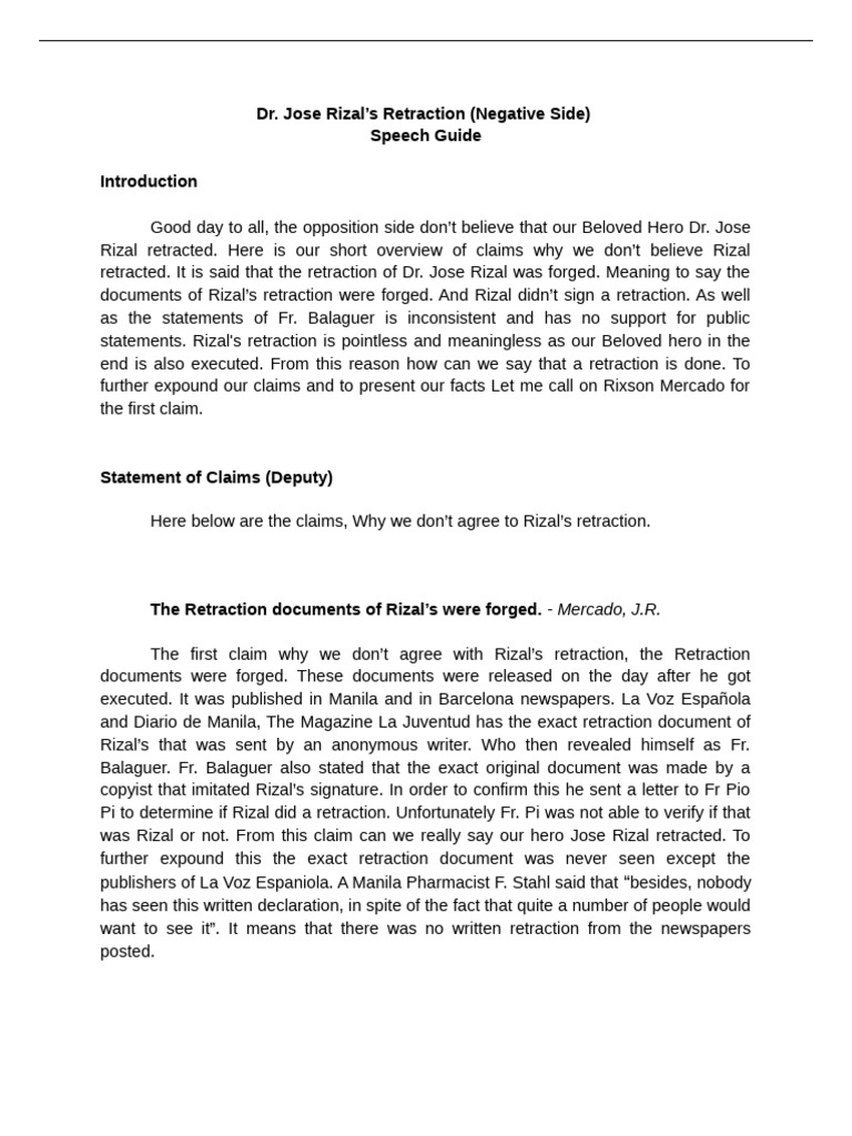 Rizals-Retraction-Sample-Speech | PDF