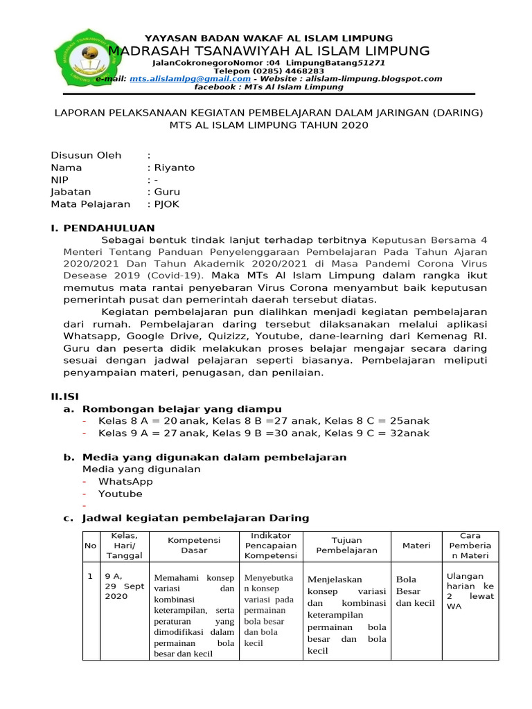 1 Laporan Pembelajaran Jarak Jauh (Daring) 1 | PDF