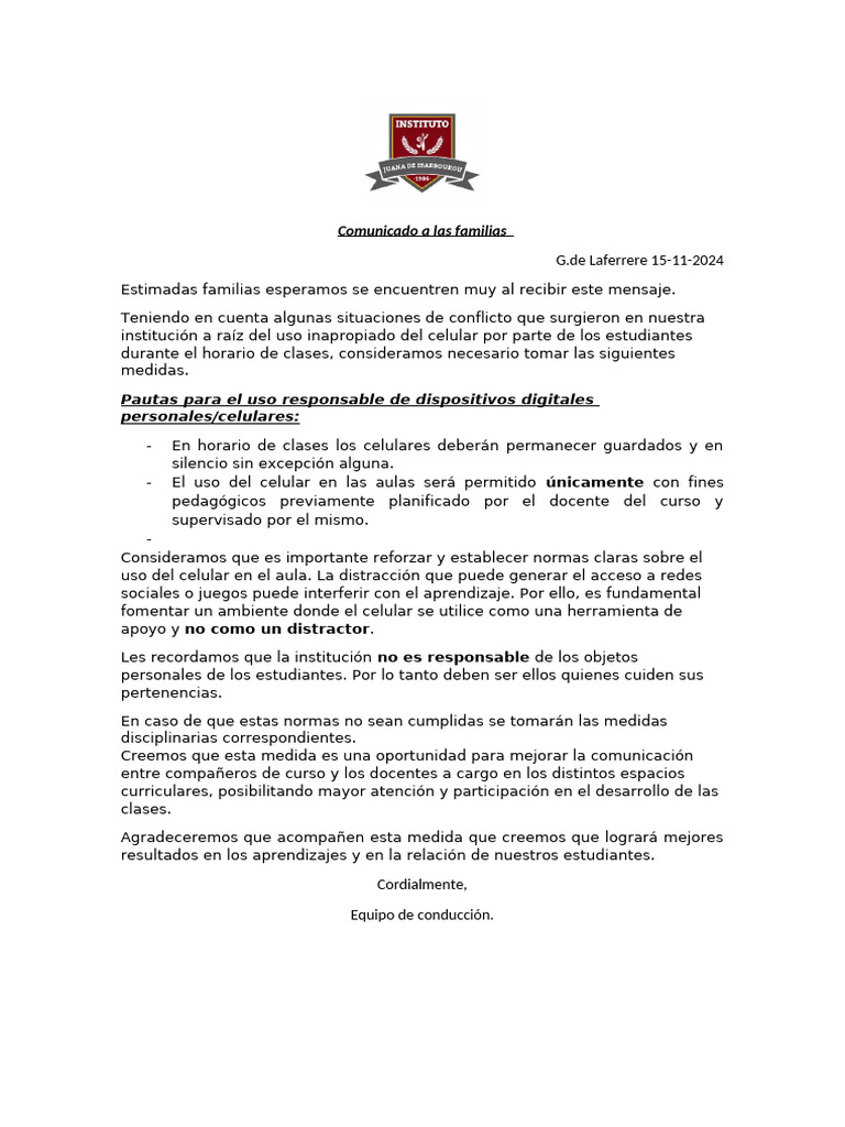 COMUNICADO_A_LAS_FAMILIAS_USO_DE_CELULAR 3 | PDF