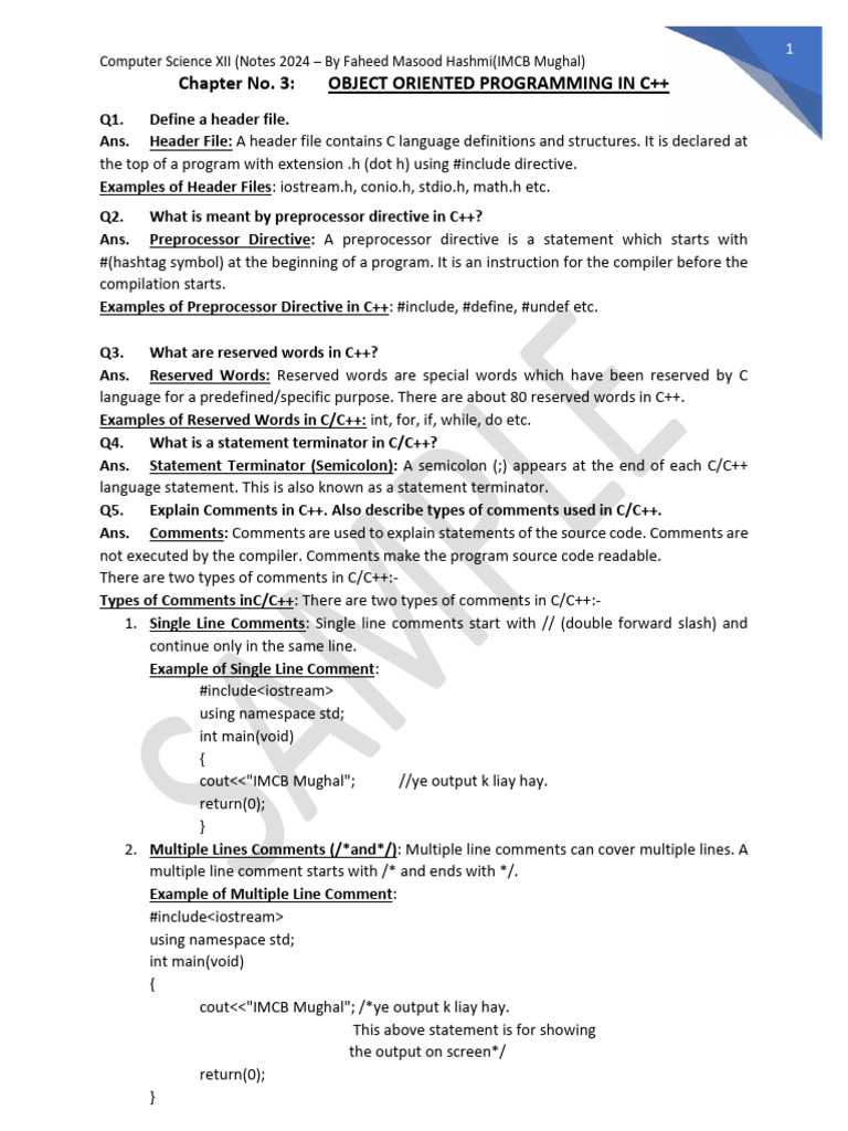 Computer Science Class 12, Chap3 Page1 | PDF | C (Programming Language) | C++