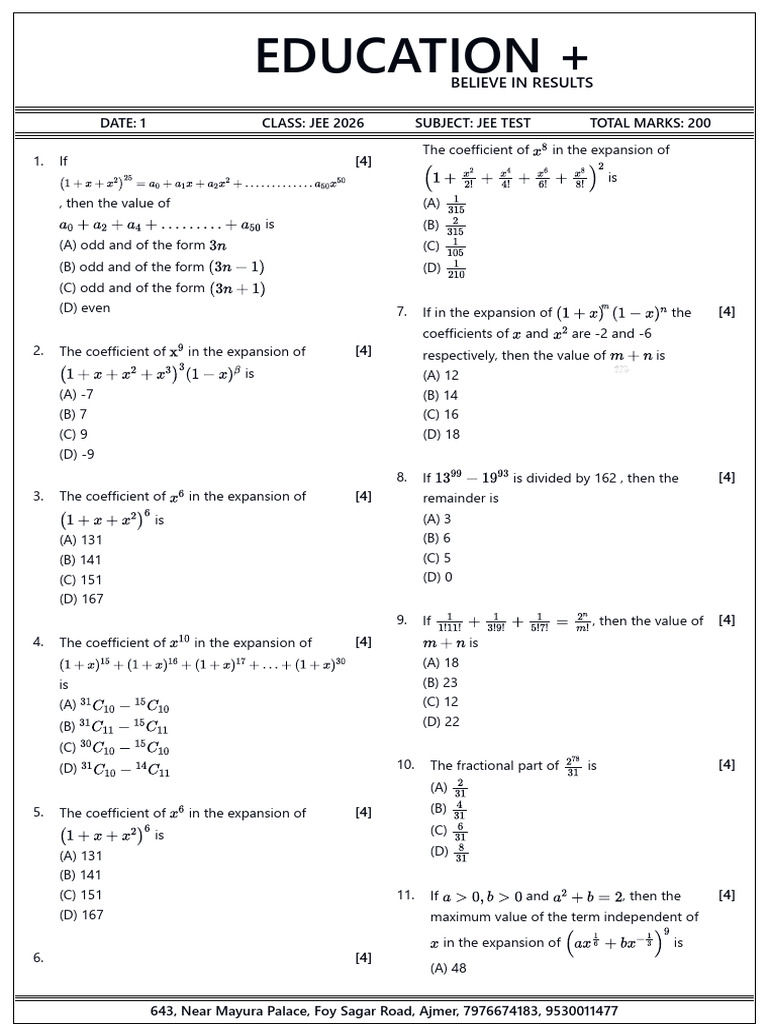 2026 JEE 1 DEC TEST | PDF | Intermolecular Force | Continuum Mechanics