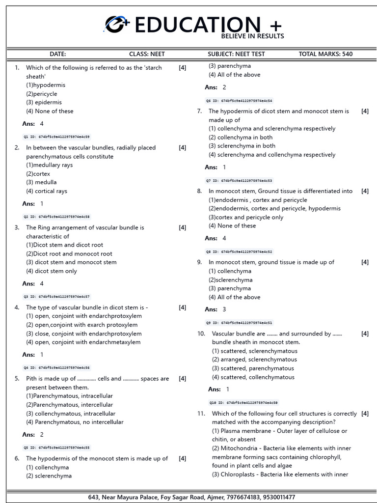 2026 Neet 1 Dec Test Answer Key TC | PDF | Plant Stem | Meiosis