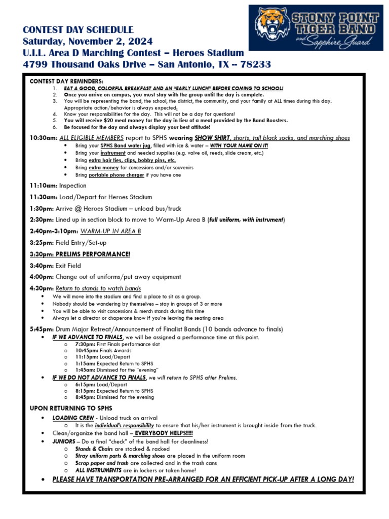 Contest Day Schedule For Nov 2 - Area D Marching Contest - 2024 - 10 ...