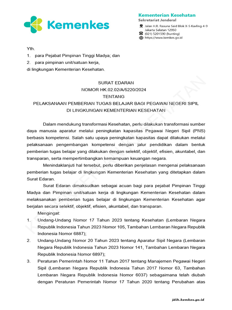 SE No. HK.02.02-A-5220-2024 TTG Pelaksanaan Pemberian Tugas Belajar Bagi PNS Lingkungan Kemenkes ...