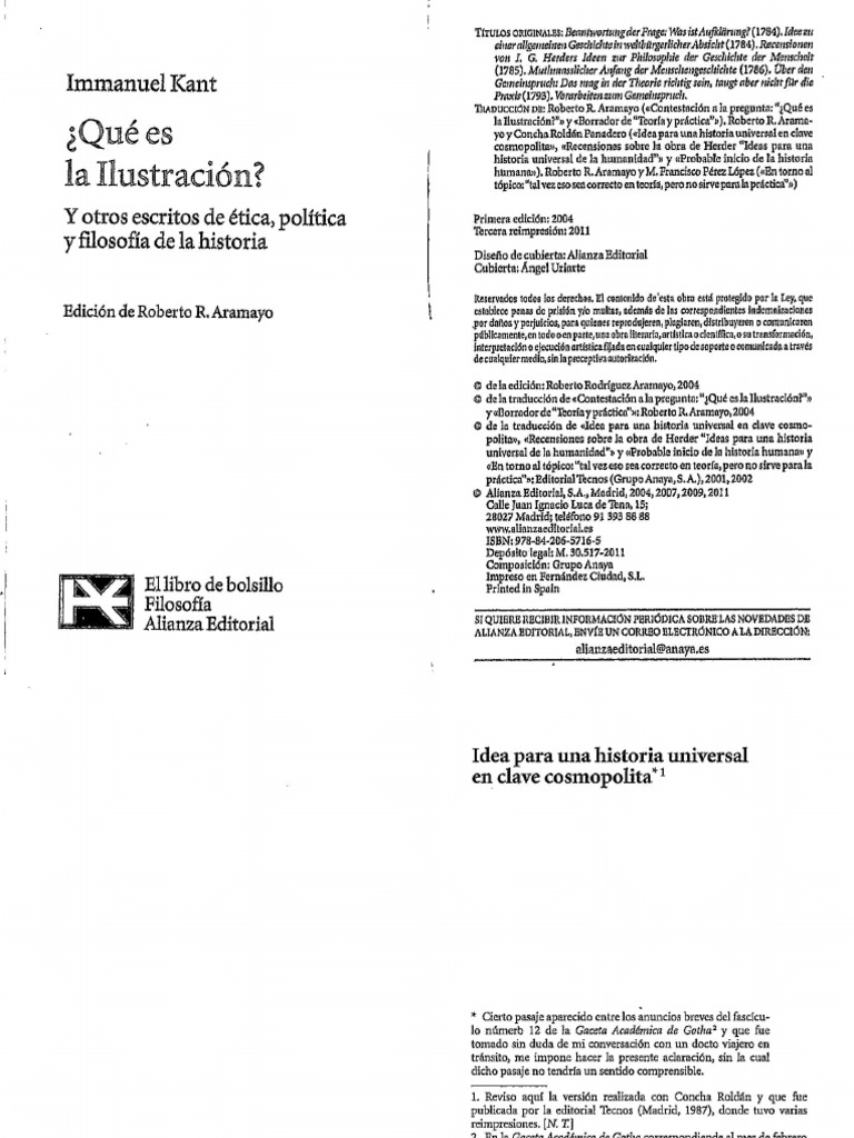 Kant, Immanuel - Idea Para Una Historia Universal en Clave Cosmopolita ...