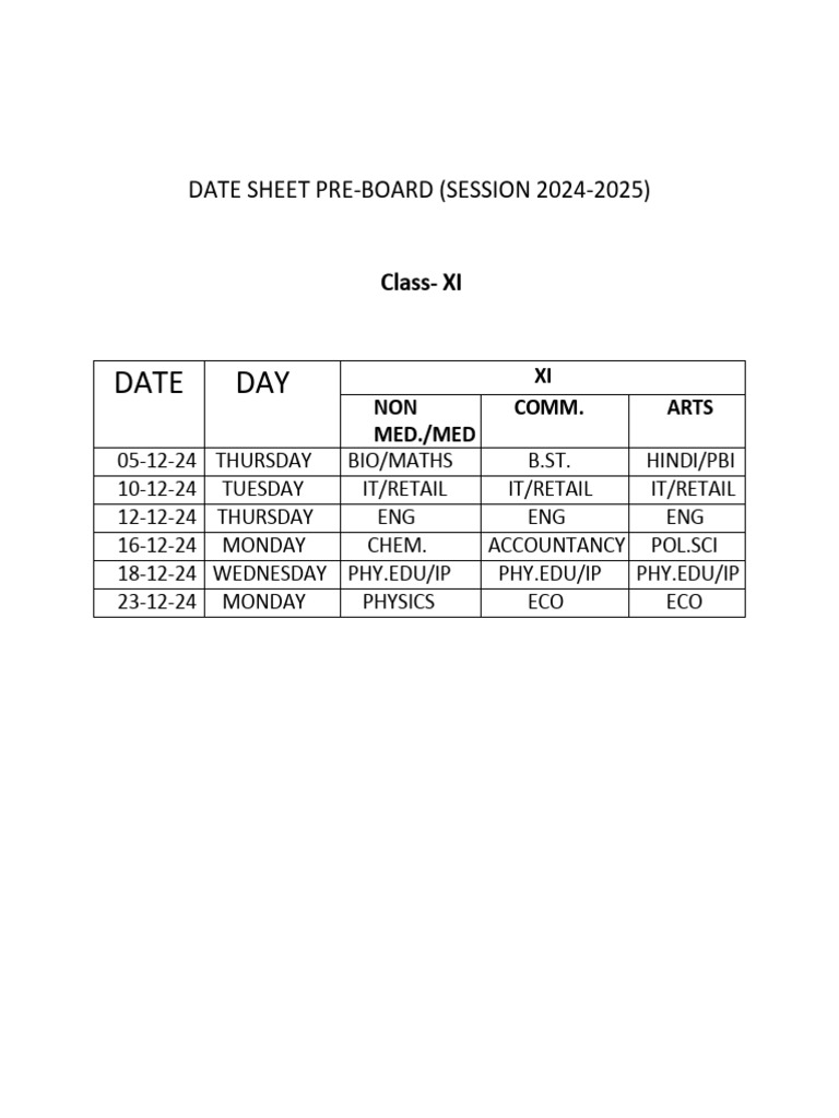 Pre-Board Date Sheet (Session 2024-25) | PDF