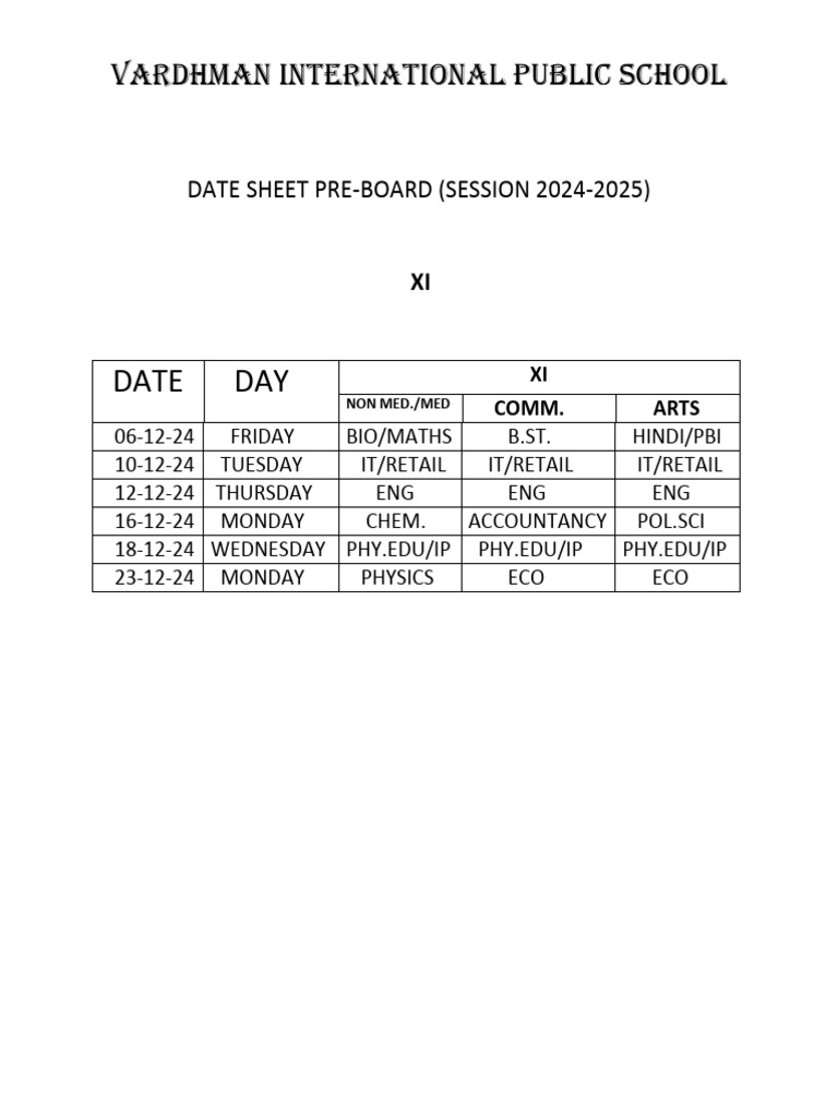 Vardhman School Pre-Board Date Sheet 2024 | PDF