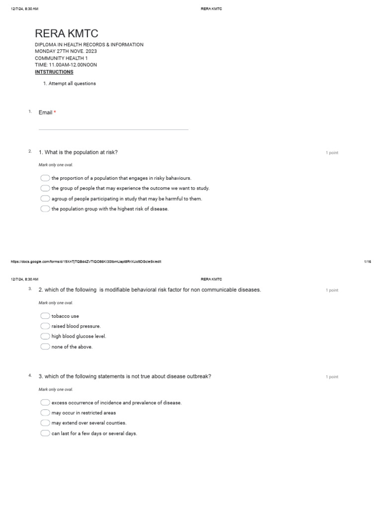 Community Health 1 Questions - Google Forms | PDF | Infection | Epidemics